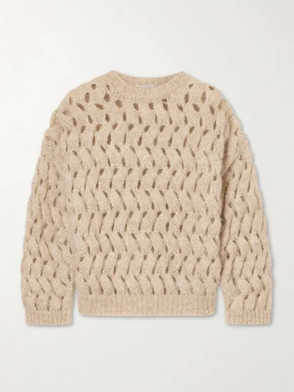 Brunello Cucinelli Sequin-embellished Open-knit Mohair-blend Sweater - Beige