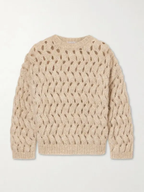 Brunello Cucinelli Sequin-embellished Open-knit Mohair-blend Sweater - Neutrals