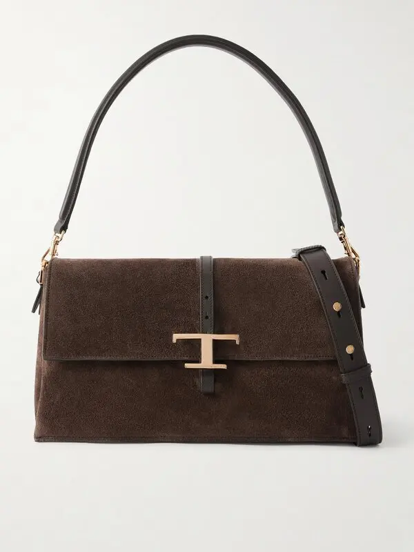 TOD'S Small Leather-trimmed Suede Shoulder Bag - Brown