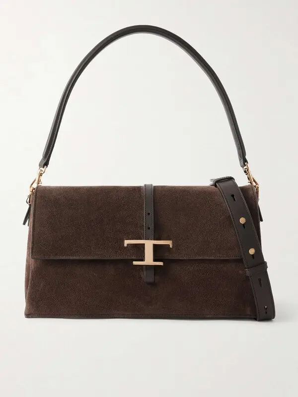 TOD'S Tracollina Mosch Small Leather-trimmed Suede Shoulder Bag - Chocolate