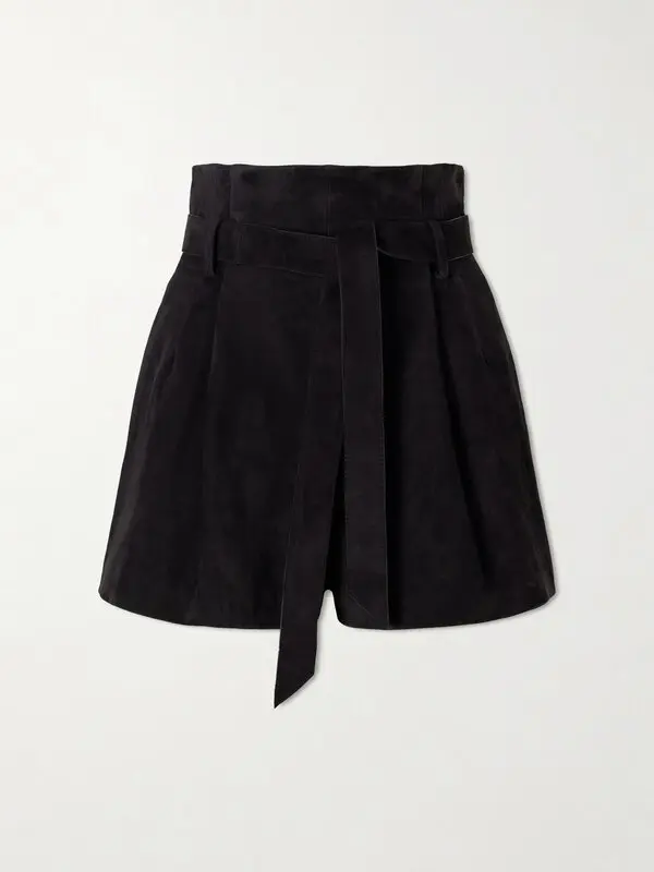 Galvan Livia Belted Pleated Suede Shorts
