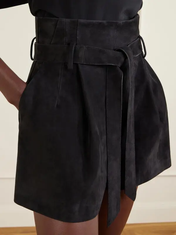 Galvan Livia Belted Pleated Suede Shorts