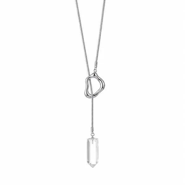 ORMIRO Aether Clear Quartz Crystal & Titanium Steel Lariat Necklace - Silver
