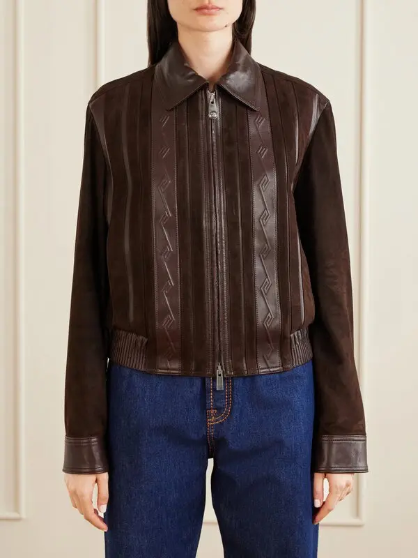 Versace Greca-embossed Leather And Suede Jacket