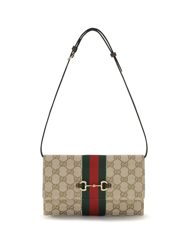 Gucci Horsebit Web Wallet With Shoulder Strap - Brown