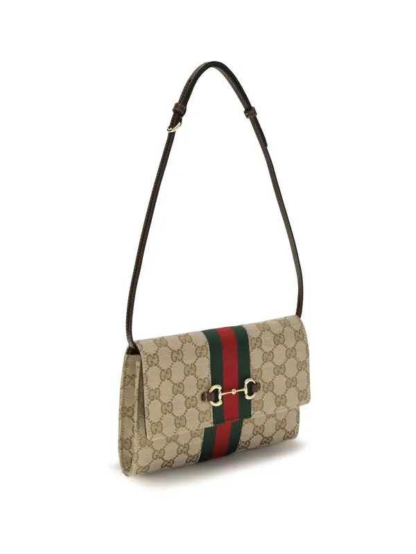 Gucci Horsebit Web Wallet With Shoulder Strap - Brown