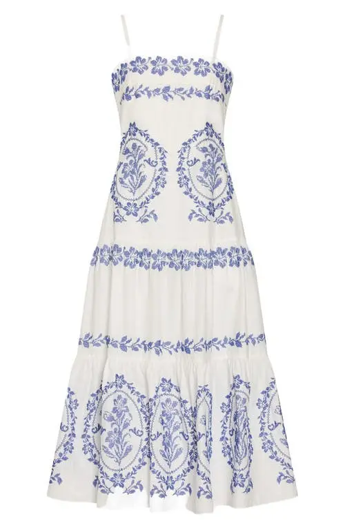 MILLY Lela Placed Embroidery Linen & Cotton Midi Dress