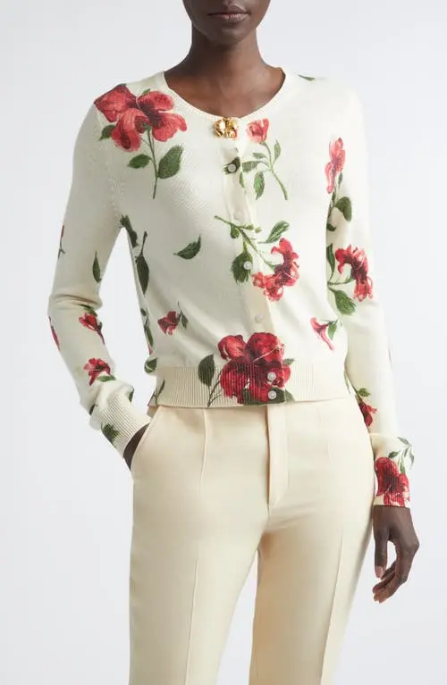 Oscar De La Renta Hibiscus Print Virgin Wool Cardigan - Ivory