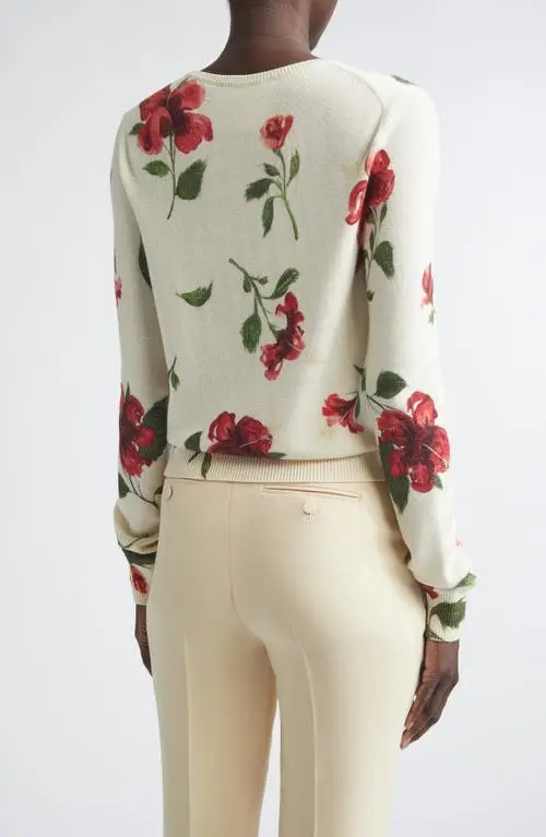 Oscar De La Renta Hibiscus Print Virgin Wool Cardigan