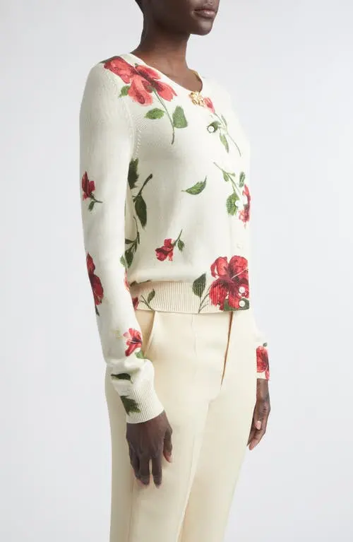 Oscar De La Renta Hibiscus Print Virgin Wool Cardigan