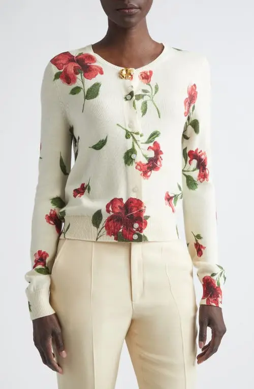 Oscar De La Renta Hibiscus Print Virgin Wool Cardigan