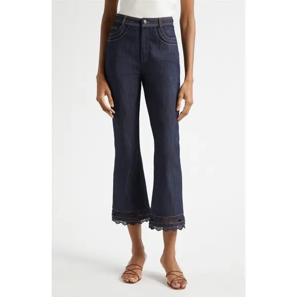 Cinq À Sept Cropped Flare Leg Jeans With Guipure Lace Trim - Indigo