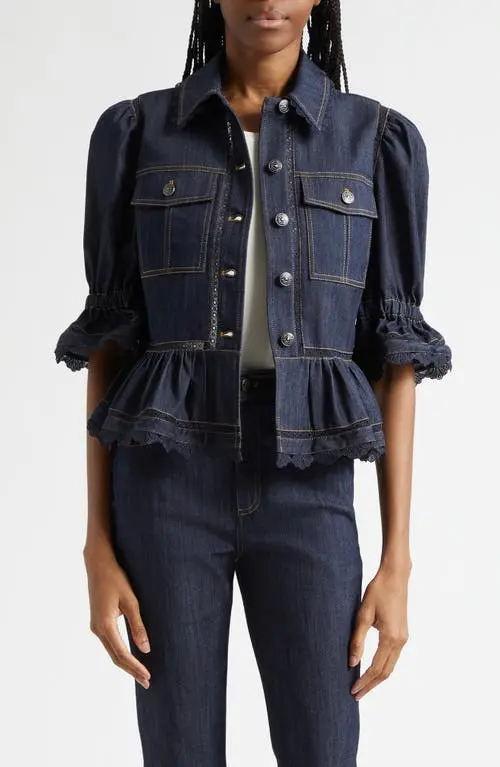 Cinq À Sept Cropped Flare Leg Jeans With Guipure Lace Trim