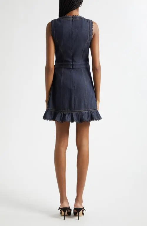 Cinq À Sept Mahlia" Denim Apron Dress With Guipure Lace Trim - Indigo