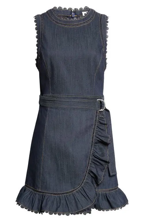 Cinq À Sept Mahlia" Denim Apron Dress With Guipure Lace Trim - Indigo