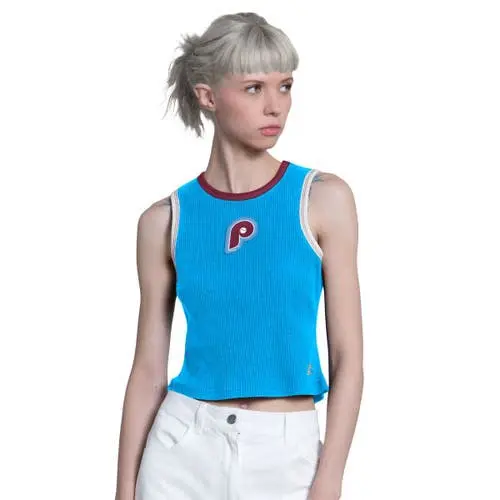 STARTER Philadelphia Phillies Cooperstown Play The Ball Crop Tank Top - Light Blue