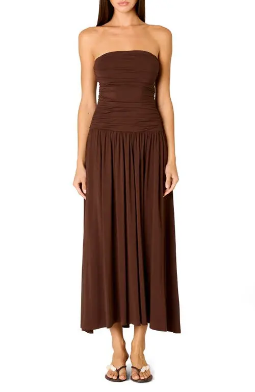 NIA Santal Ruched Strapless Midi Dress - Java