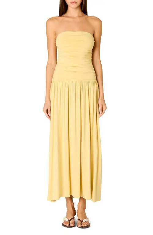 NIA Strapless Ruched Midi Dress - Maize