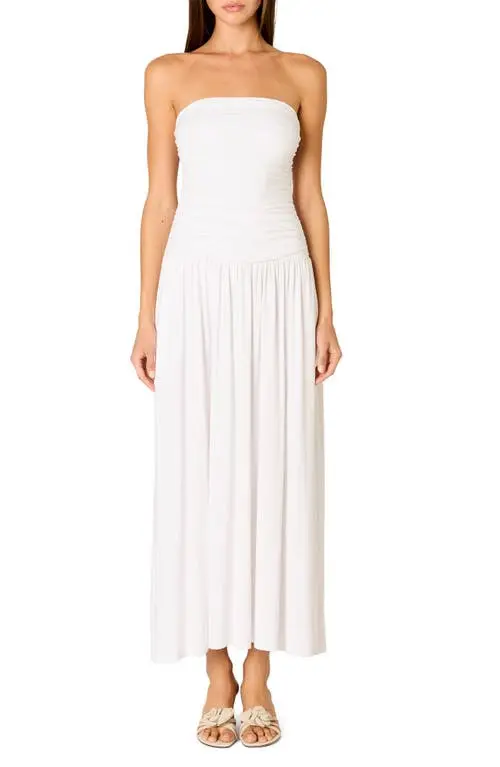 NIA Strapless Ruched Midi Dress - White