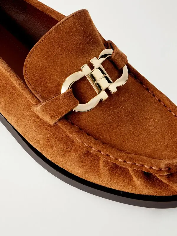 FERRAGAMO Maryan Suede Loafers With Gancio Motif - Brown