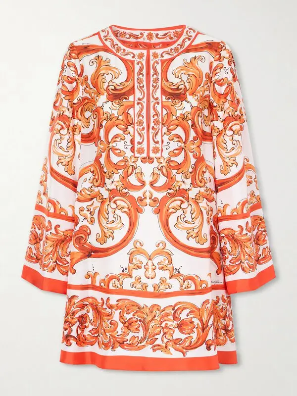 Dolce & Gabbana Pleated Printed Silk-twill Mini Dress