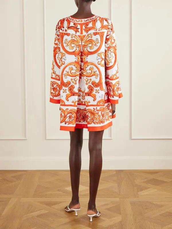 Dolce & Gabbana Pleated Printed Silk-twill Mini Dress