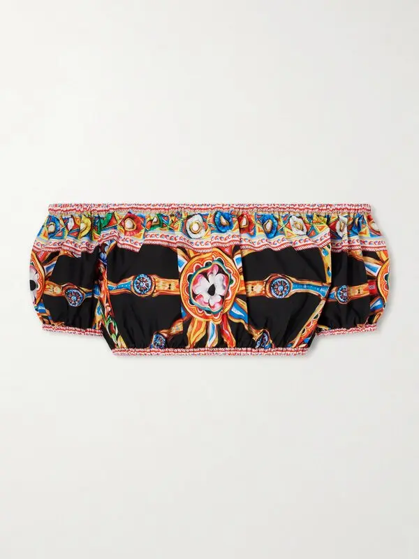Dolce & Gabbana Carretto Off-the-shoulder Cropped Printed Cotton-poplin Top - Black