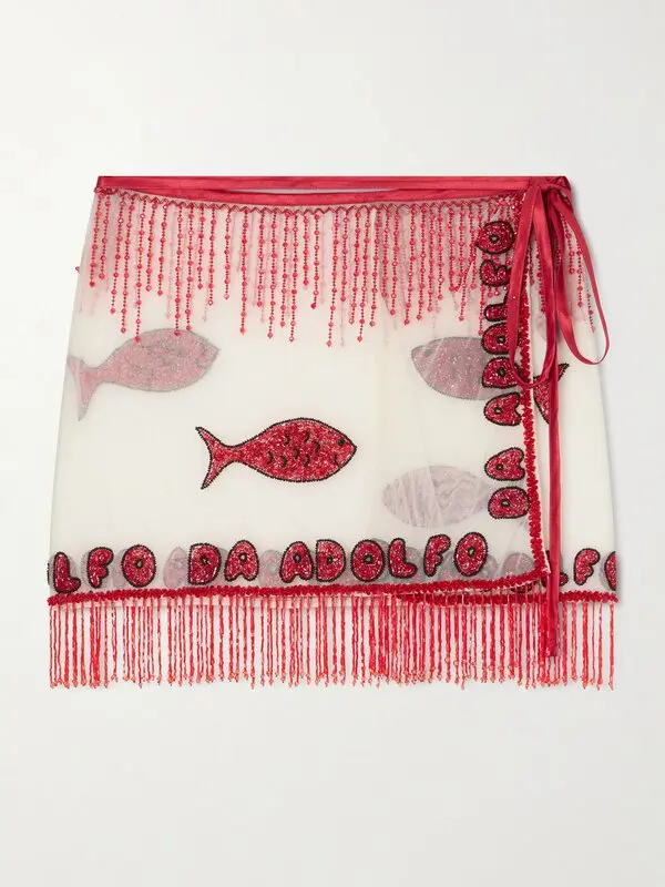 Staud Da Adolfo Riva Fringed Beaded Mesh Sarong - Red