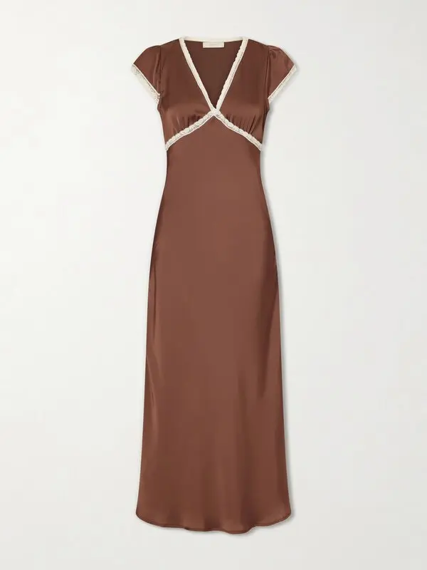 Faithfull The Brand Elvira Lace-trimmed Satin Midi Dress - Brown