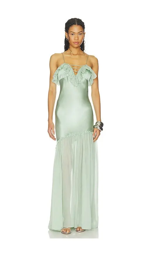 Ulla Johnson Elaria Cami Silk Gown With Lace Up In Green - Celadon