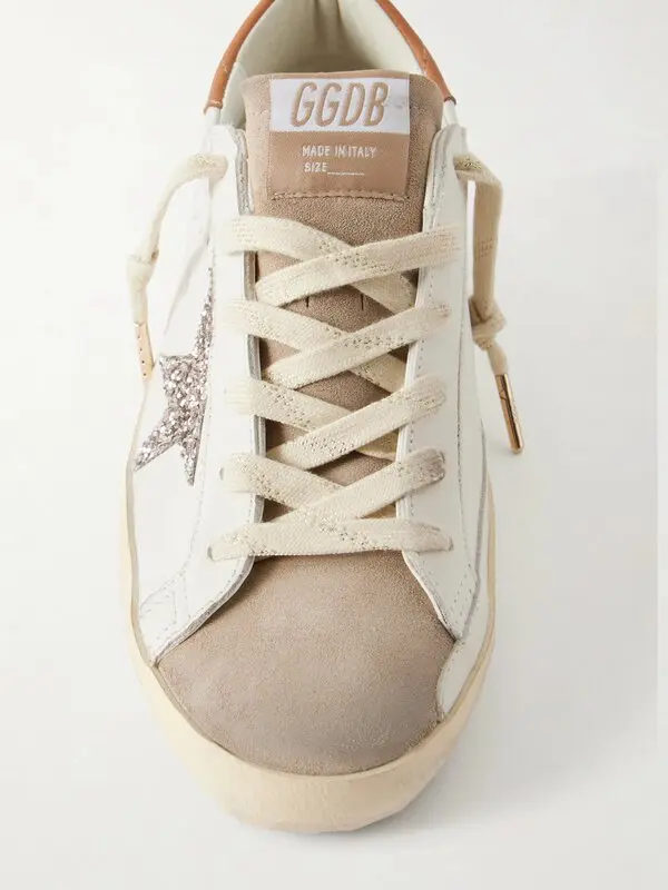 GOLDEN GOOSE Super-star Distressed Glittered Suede-trimmed Leather Sneakers - Neutrals