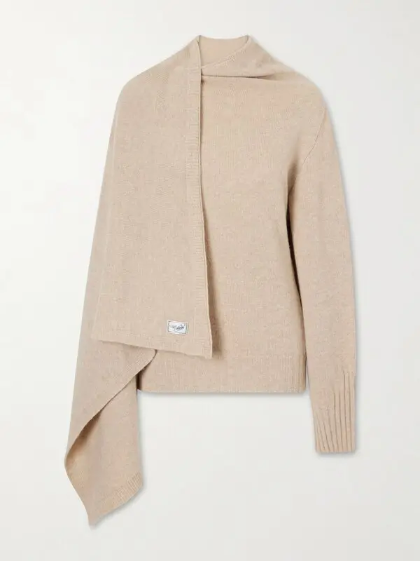 Attico Draped Virgin Wool Sweater With Scarf Detail - Neutrals
