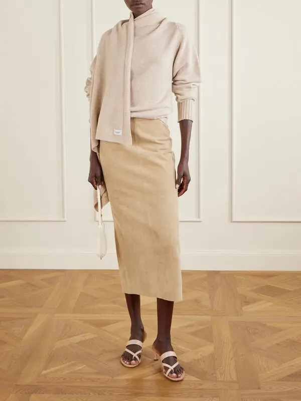 Attico Draped Virgin Wool Sweater With Scarf Detail - Neutrals