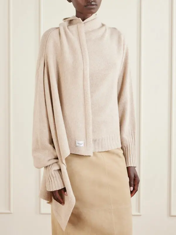 Attico Draped Virgin Wool Sweater With Scarf Detail - Neutrals