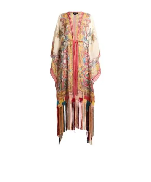 Etro Seersucker Kaftan With Fringing And Placed Paisley Foliage Print - Nude