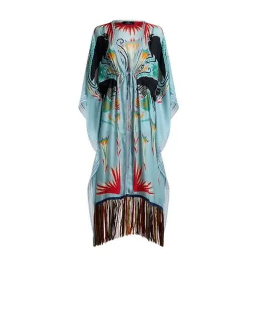 Etro X Tabby Booth Silk Kaftan With Fringing And Placed Print