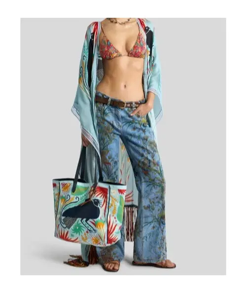 Etro X Tabby Booth Silk Kaftan With Fringing And Placed Print