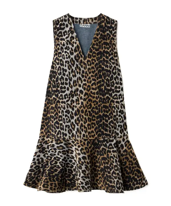 GANNI Ruffled Leopard-print Flocked Recycled-denim Mini Dress - Black