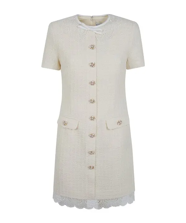 SELF-PORTRAIT Lace-trimmed Bouclé Dress - Cream