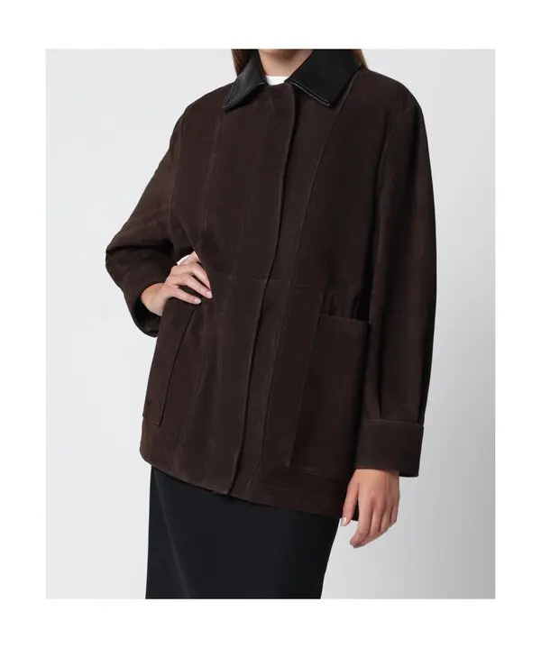 Nour Hammour Collared Suede Jacket With Leather Trim - Mocha