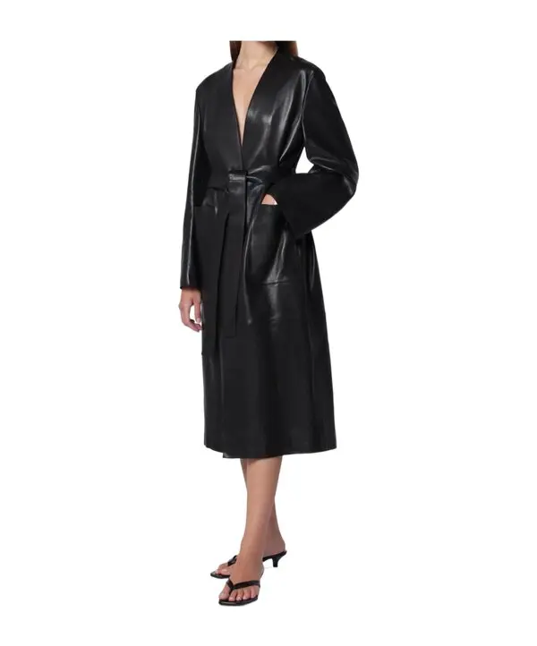 Nour Hammour Belted Leather Coat - Black