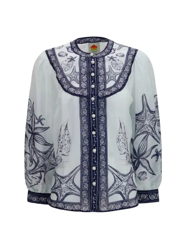 Farm Rio Seaside Print Long Sleeve Top - Gray