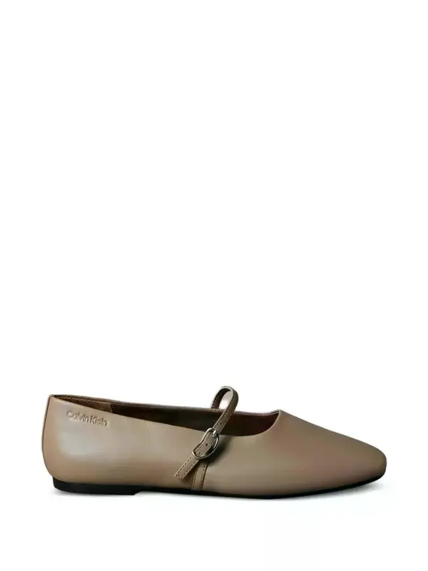 Calvin Klein Beige Leather Ballet Flats With Buckle Strap