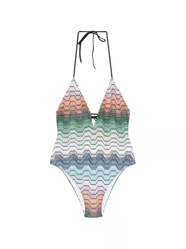 Missoni Chevron Pattern Lurex Halterneck V-neck Swimsuit - Green
