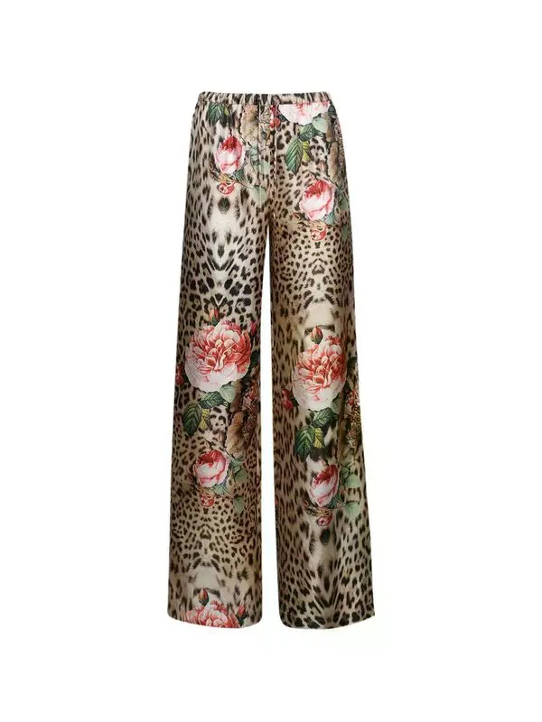 Roberto Cavalli Rose Jaguar-print Silk Trousers - Neutrals