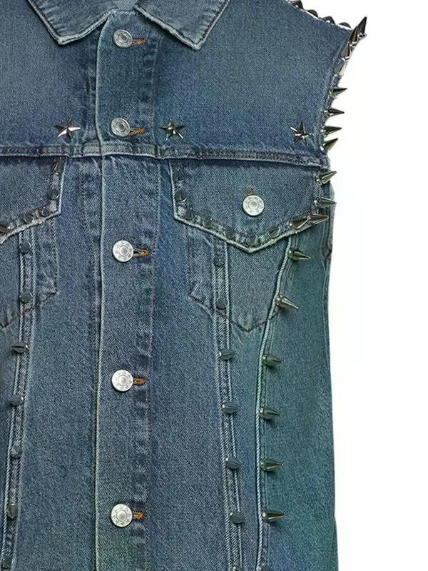 MARKING DISTANCE Denim Vest With Silver-tone Spike Embellishments - Blue