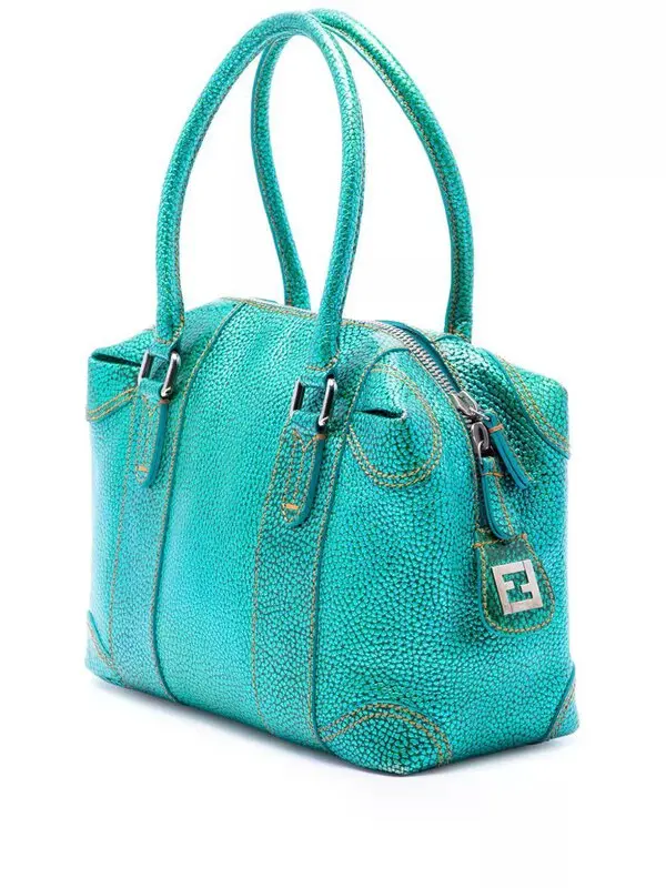 Fendi Metallic Pebbled Leather Mixed Media Boston Bag
