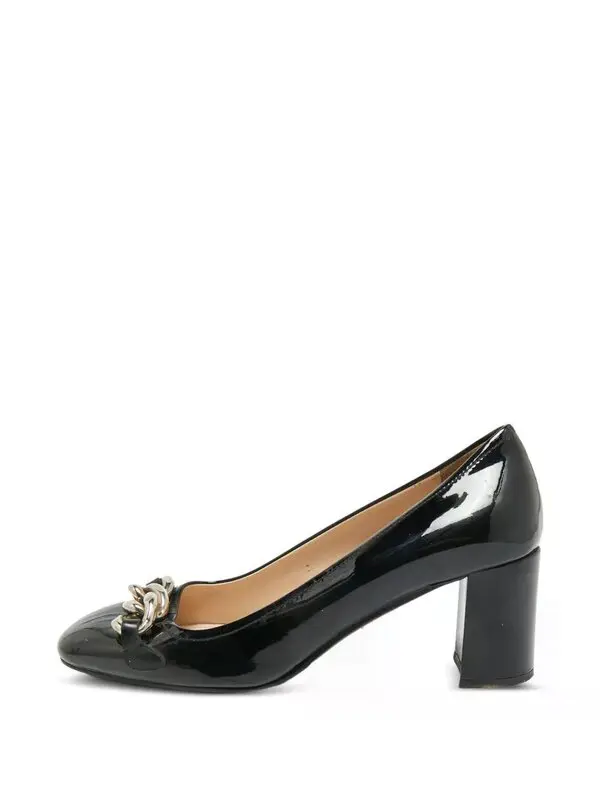 Prada Patent Leather Chain-embellished Square Toe Block Heel Pumps