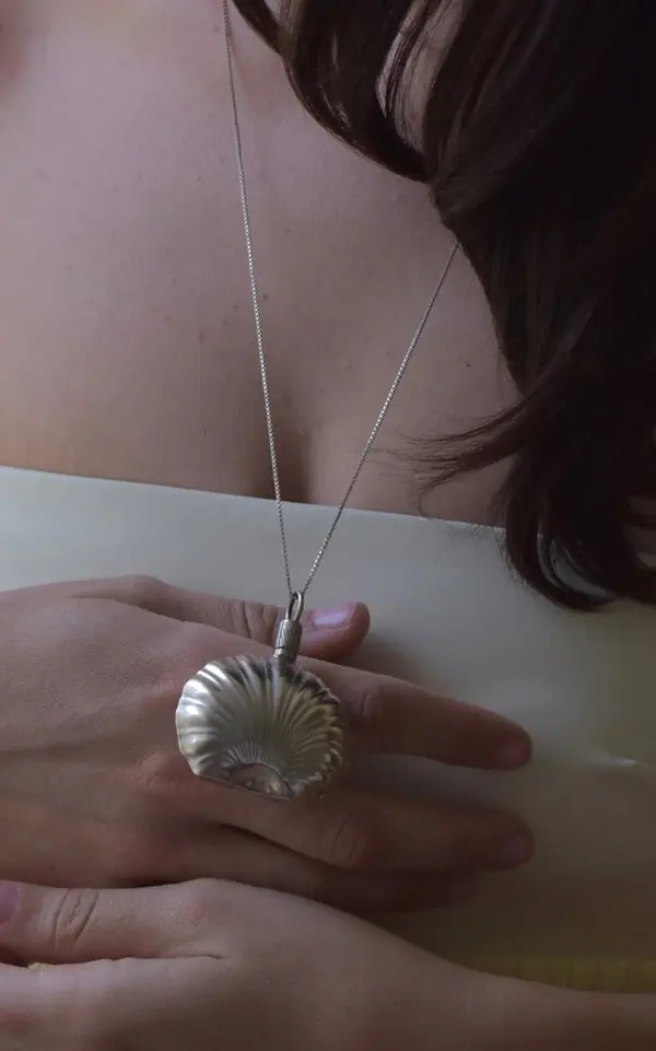 LUCIA ZOLEA Sterling Ribbed Shell Perfume Bottle Pendant Necklace
