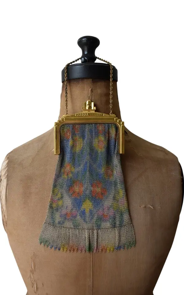 LUCIA ZOLEA Whiting & Davis Chainmail Painted Floral Fringed Purse